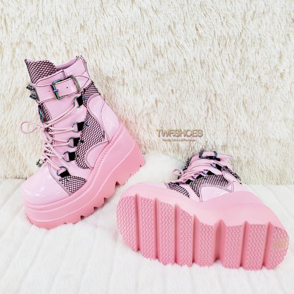 Demonia | Shoes | Pink Patent Platform 45 Wedge Heel Cyber Boots | Poshmark